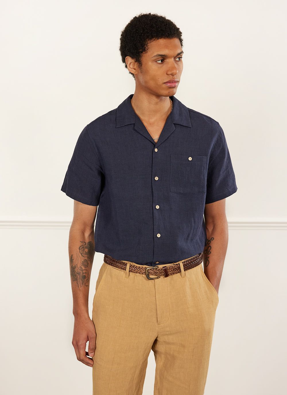 Men's Short Sleeve Cuban Shirt | 100% Linen | Navy Blue