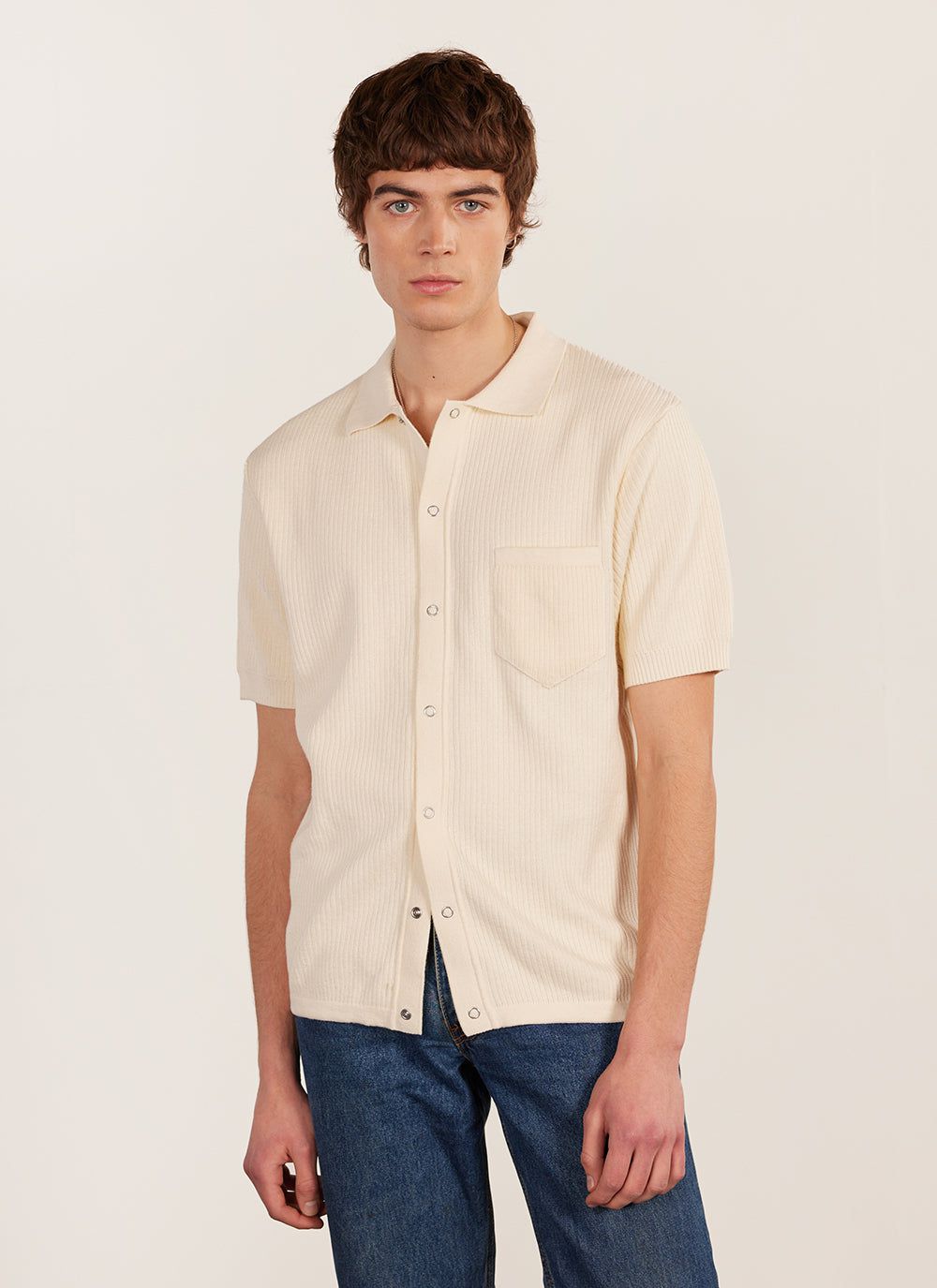 Men's Short Sleeve Knitted Shirt | Cuban Collar | Cream | Percival Menswear